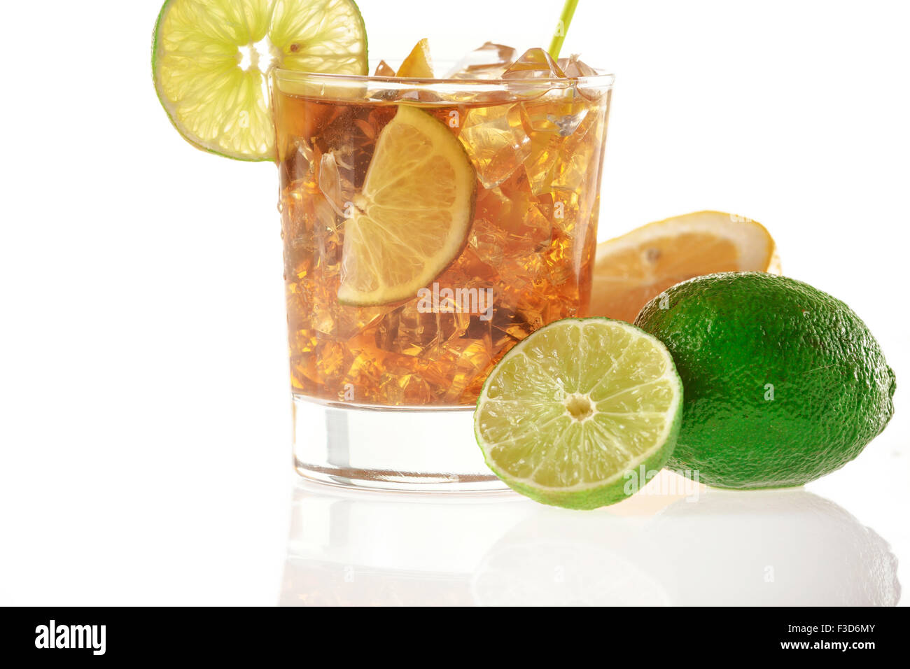 Fresh Fresh cocktail with cola drink and lime fruit on white background ...