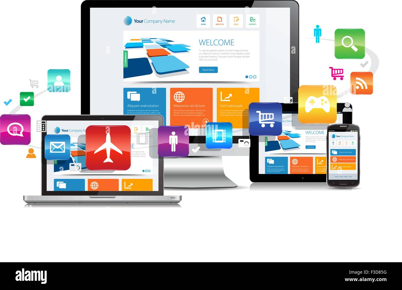 This image is a vector file representing a responsive design apps concept on various media ...