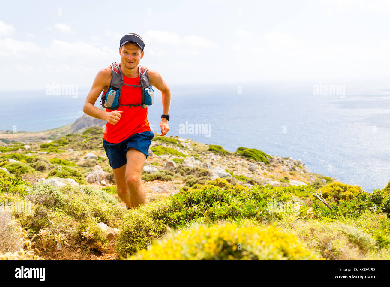 Trail running man, happy cross country runner in inspirational ...