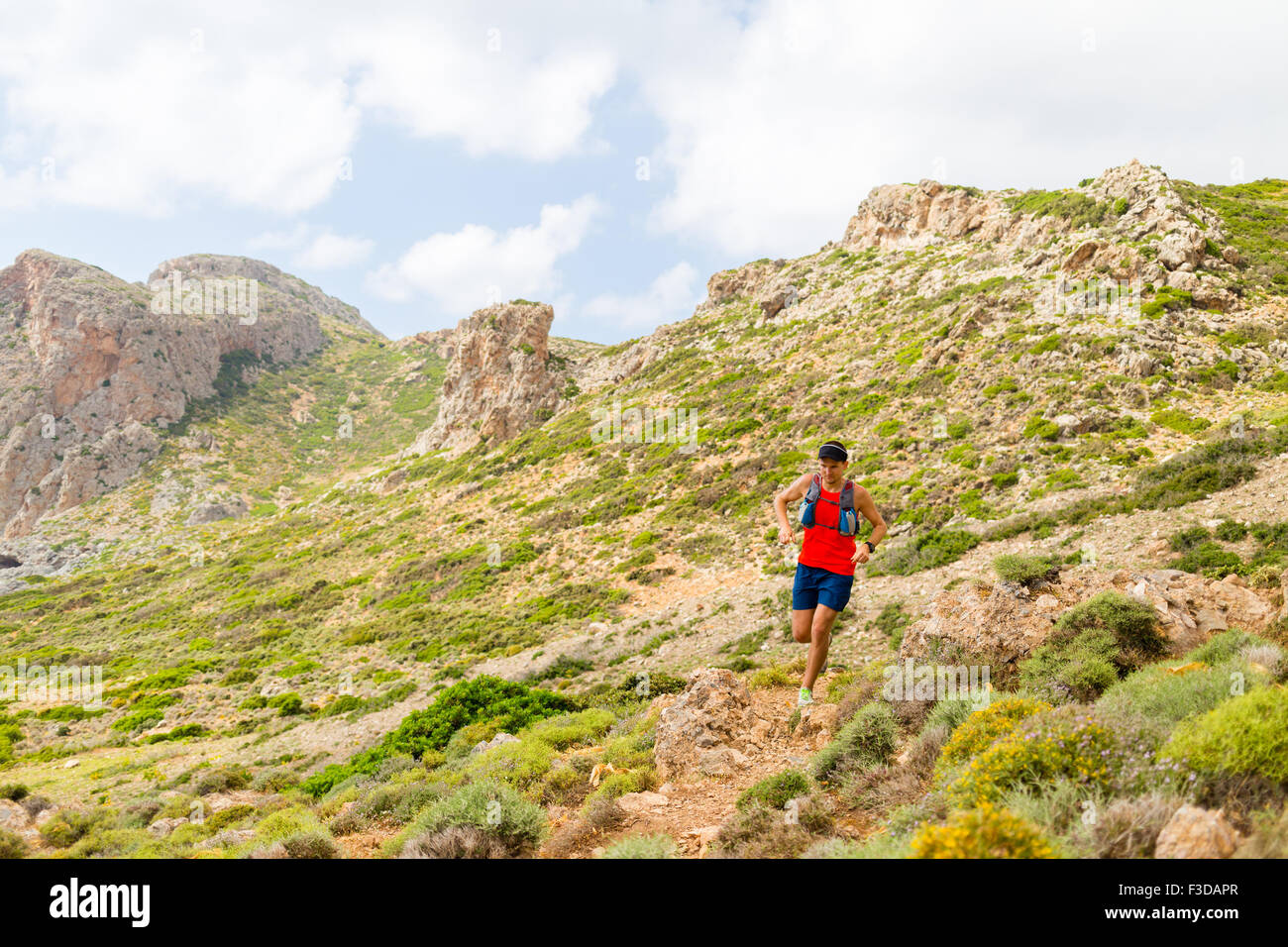 Trail running man, happy cross country runner in inspirational ...
