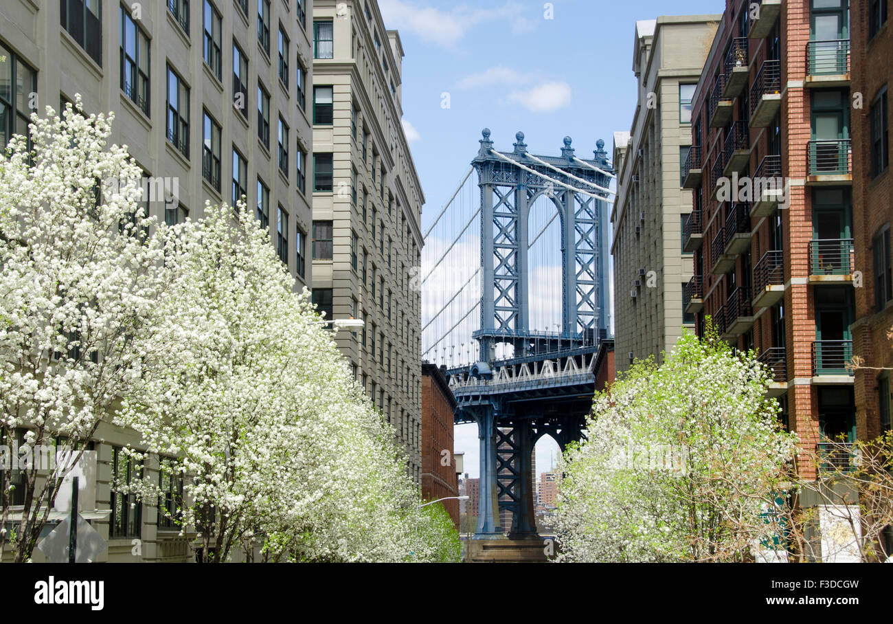 Manhattan Bridge seen between residential buildings Stock Photo - Alamy