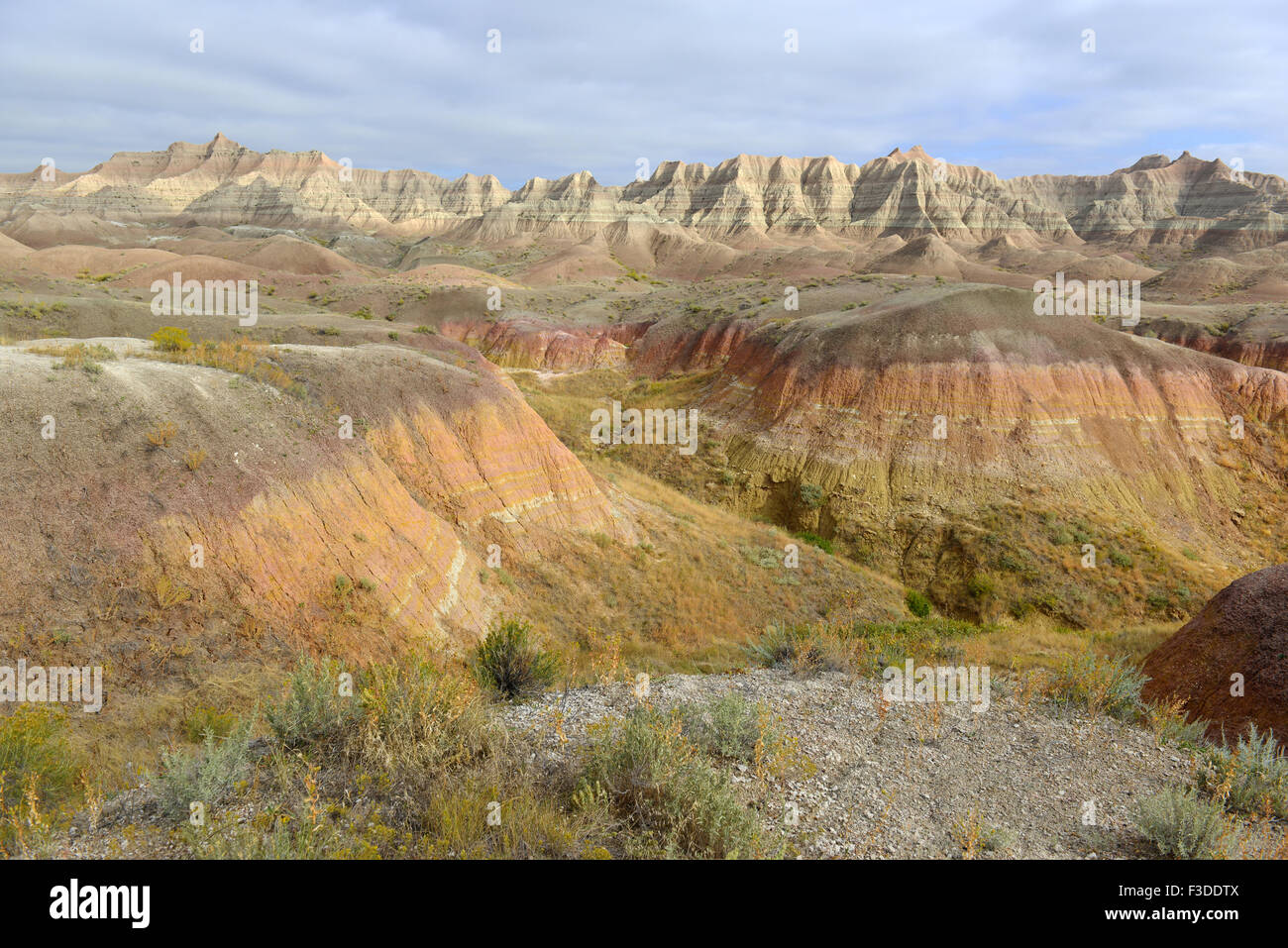 Badlands landscape, formed by deposition and erosion by wind and water ...