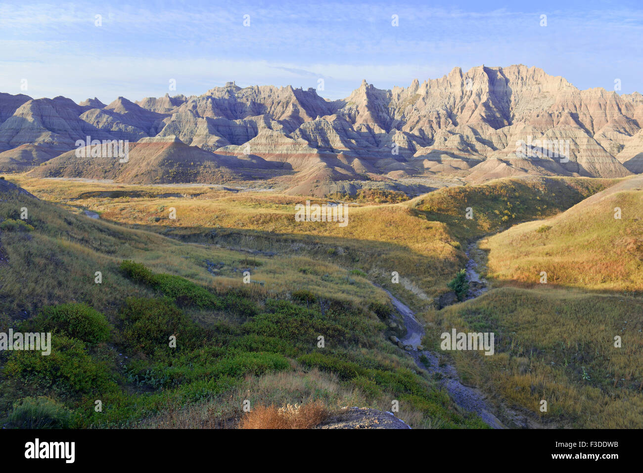 Badlands landscape, formed by deposition and erosion by wind and water ...