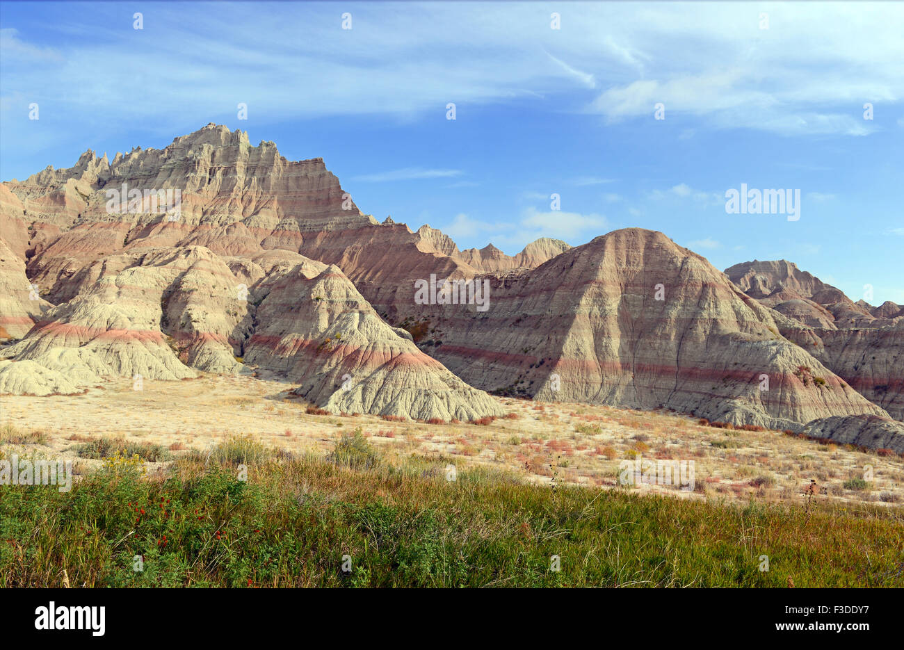 Badlands landscape, formed by deposition and erosion by wind and water ...