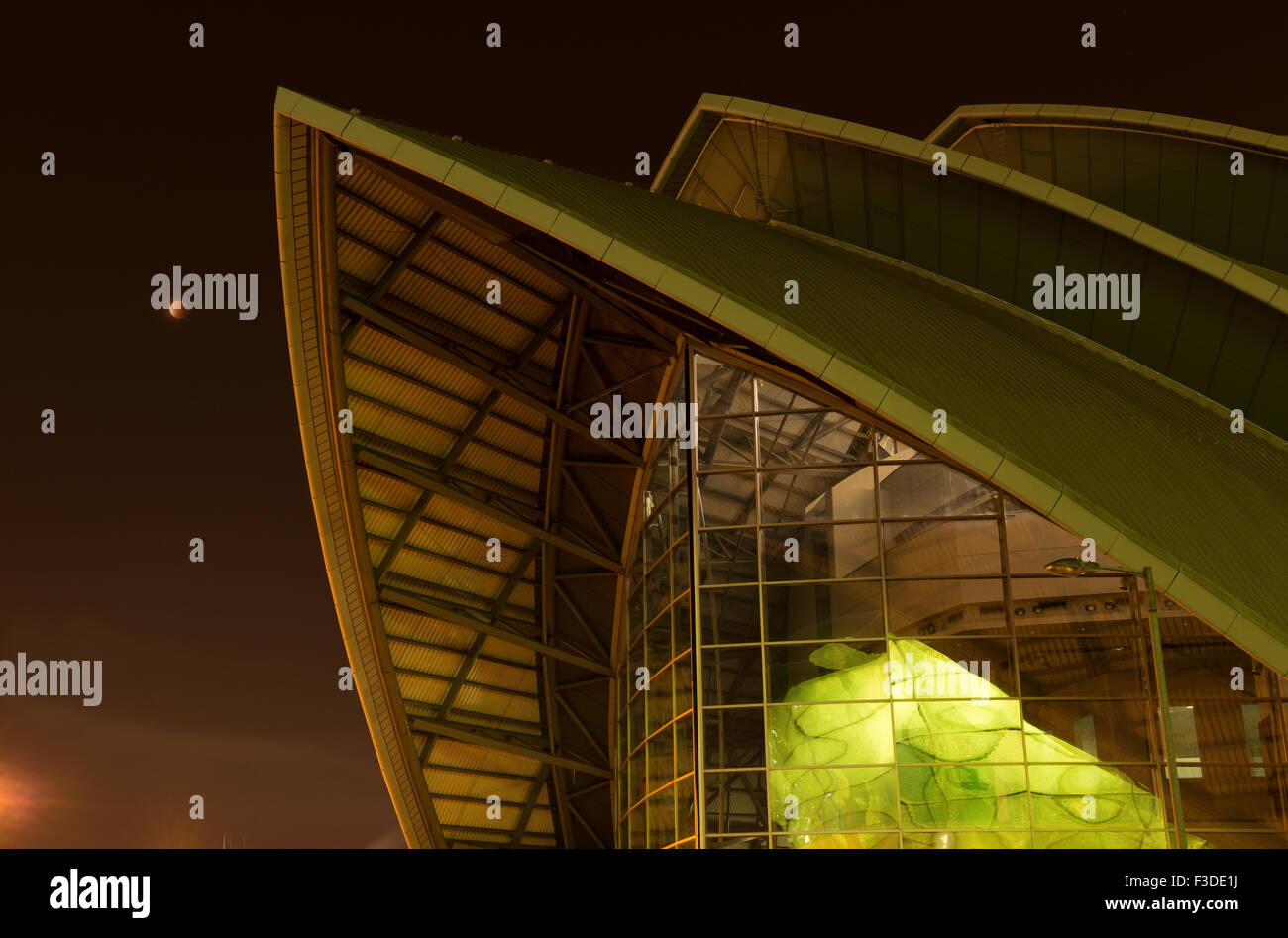 Clyde auditorium portico during full lunar eclipse,Glasgow,Scotland,UK ...