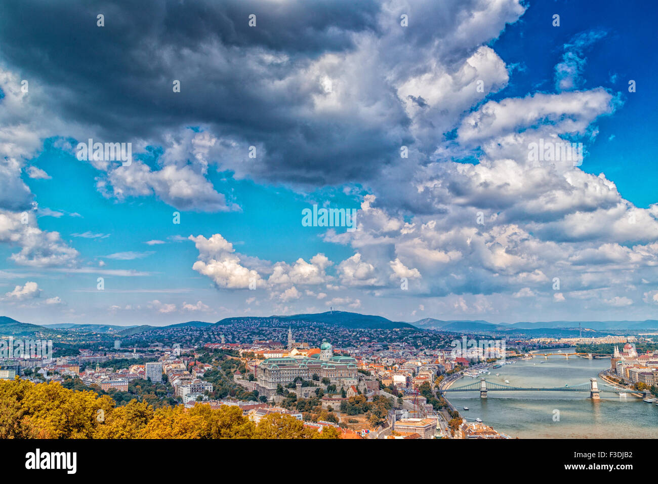 Panorama of the Danube river running through the ancient buildings of ...