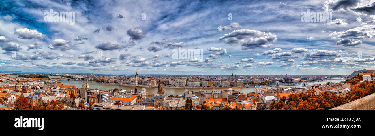 Panorama of the Danube river running through the ancient buildings of ...