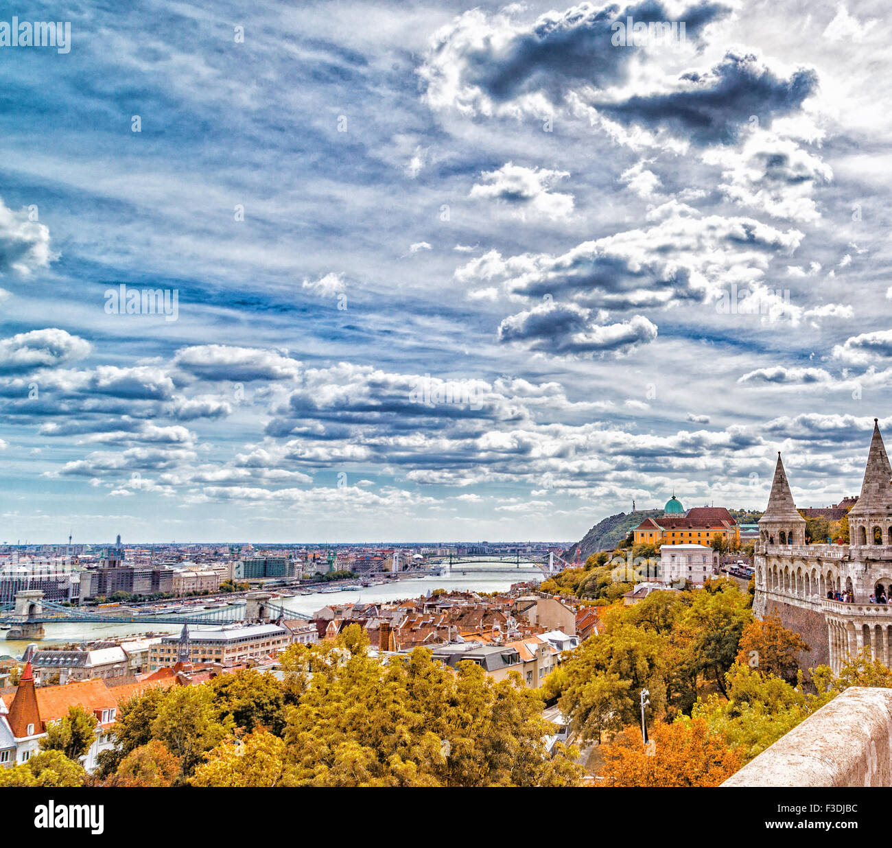 Panorama of the Danube river running through the ancient buildings of ...