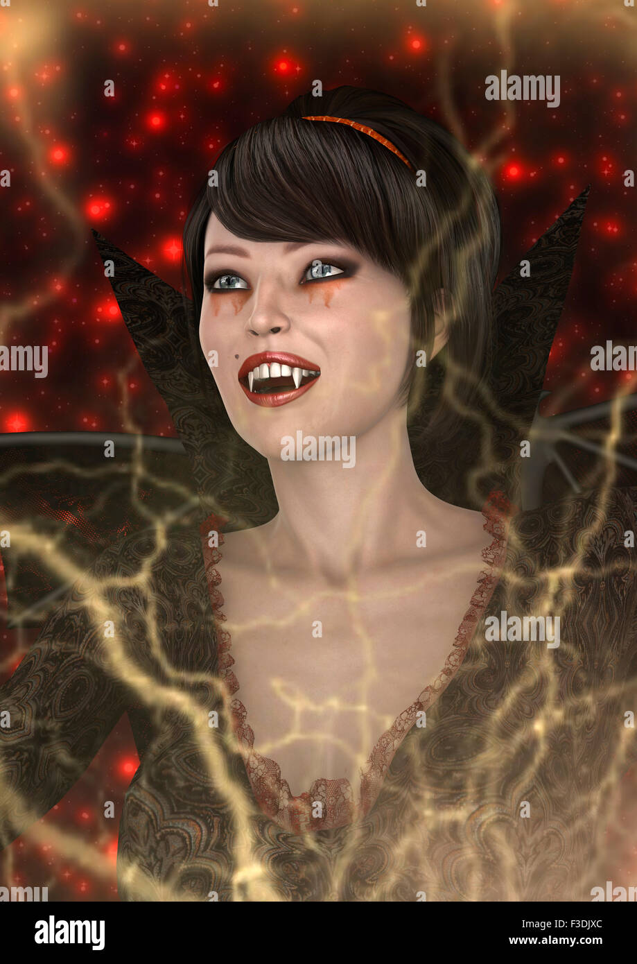 3D digital render of a beautiful lady vamp on a magic sky background ...