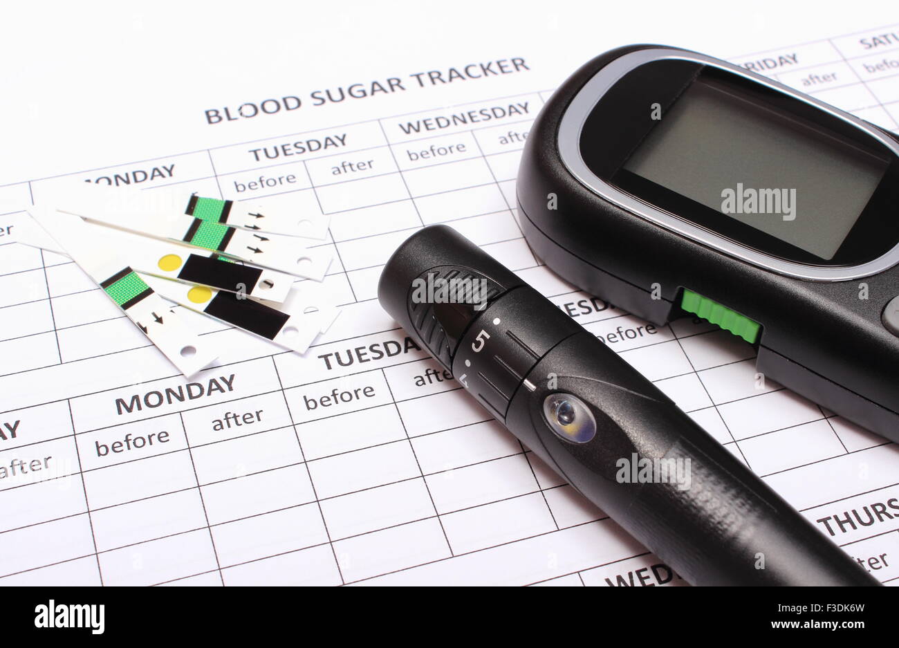 Glucometer, lancet device and strip for glucose test lying on empty ...