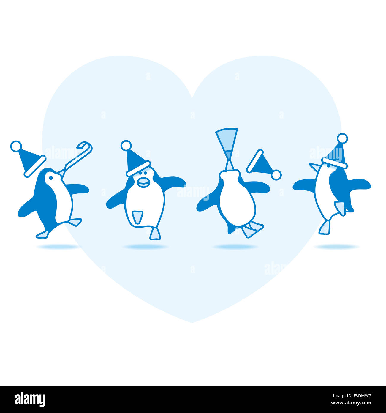Four Happy Blue Penguins Dancing at a Party with Pale Blue Heart on ...