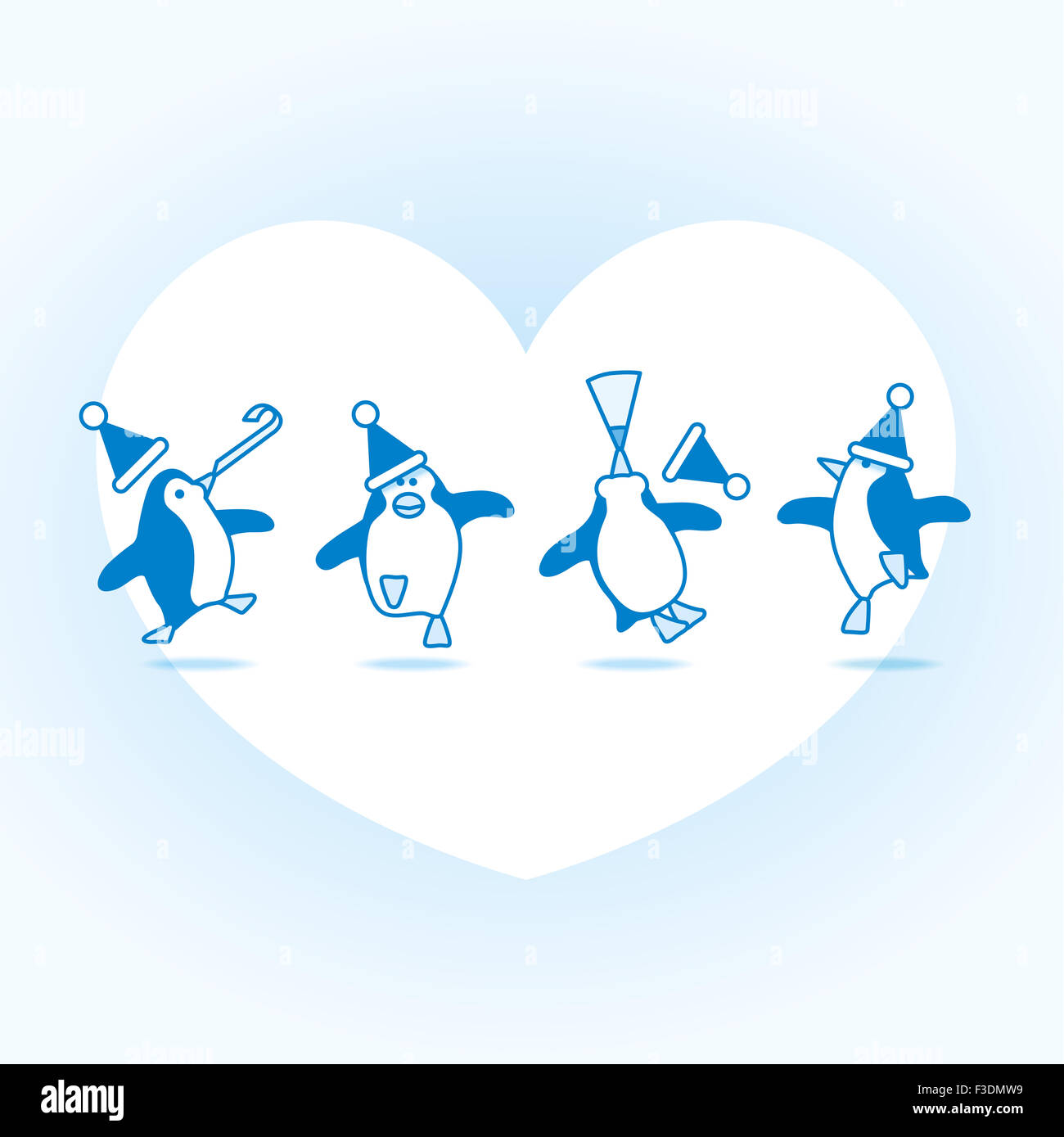 Four Happy Blue Penguins Dancing at a Party with White Heart on Pale ...