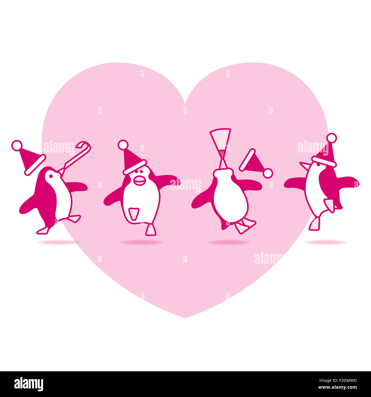 Four Happy Pink Penguins Dancing at a Party with Pink Heart on White ...