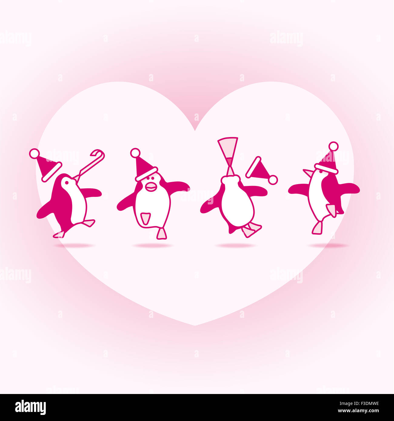 Four Happy Pink Penguins Dancing at a Party with White Heart on Pale ...
