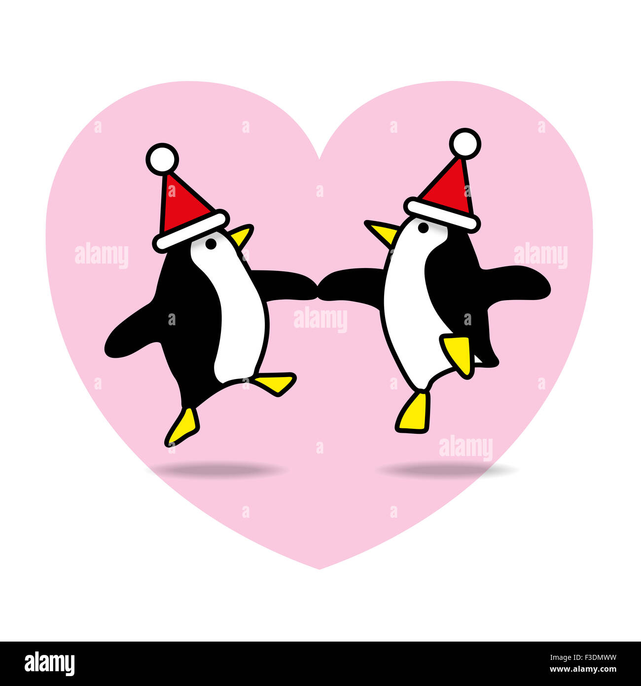 Two Happy Santa Penguins Dancing with Pink Heart on White Background ...