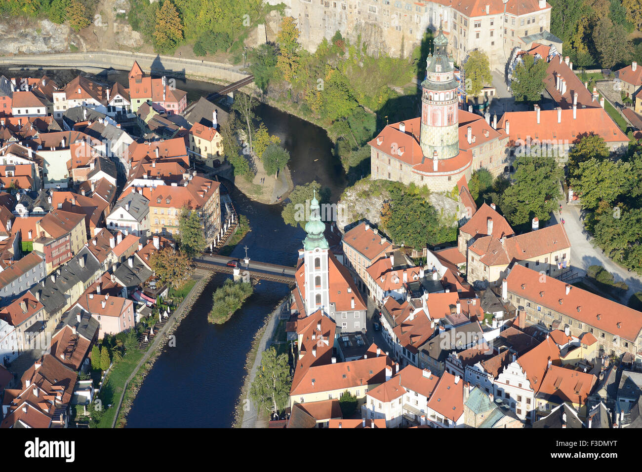 AERIAL VIEW. Medieval castle overlooking the old town and the Vltava ...