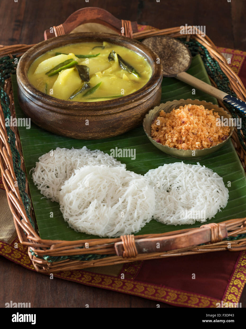 White potato curry with string hoppers and pol sambol. Sri Lanka Food ...