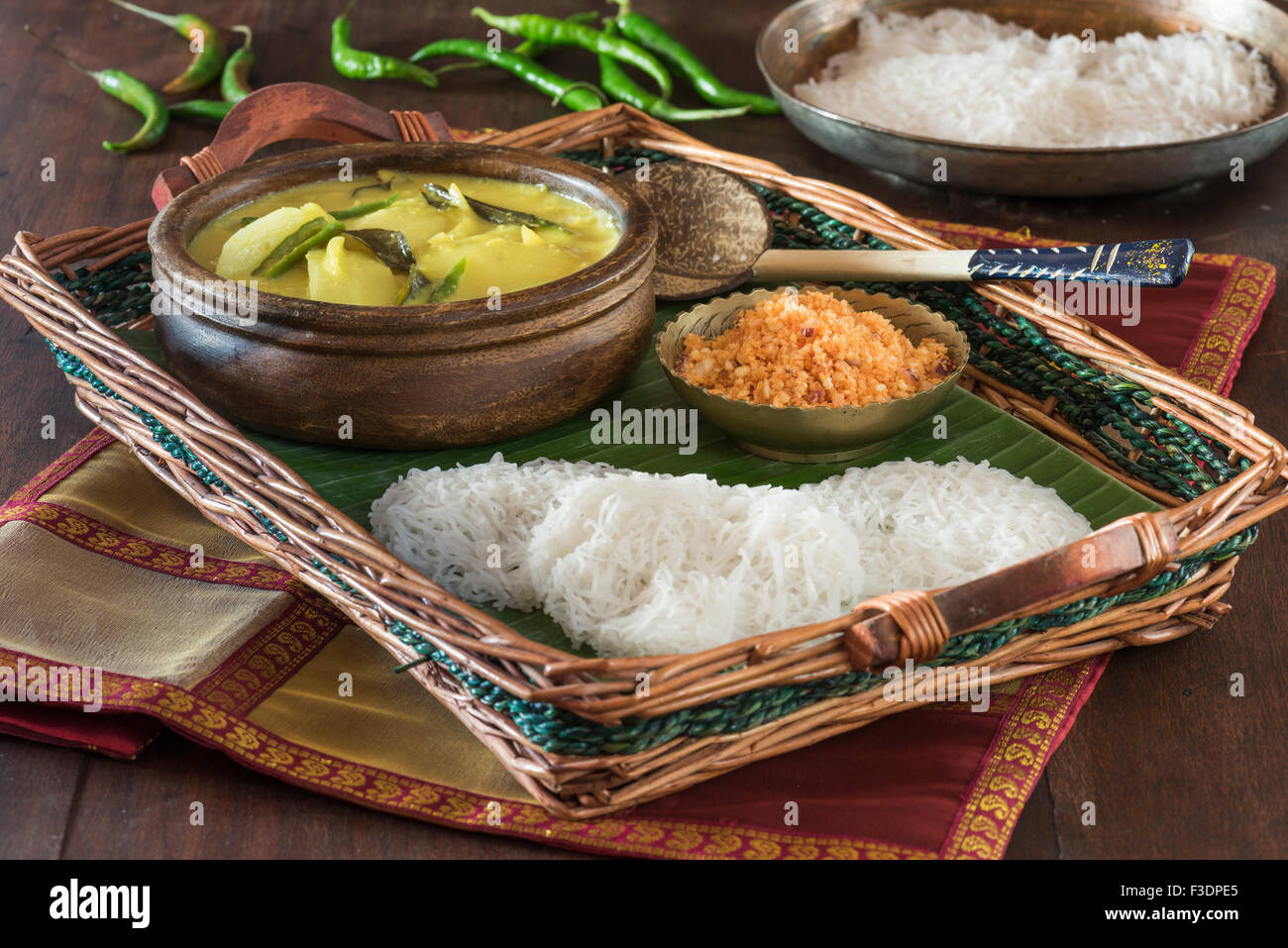 White potato curry with string hoppers and pol sambol. Sri Lanka Food ...