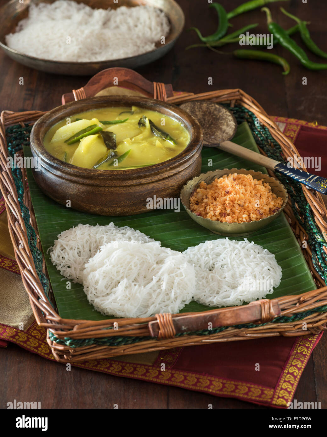 White potato curry with string hoppers and pol sambol. Sri Lanka Food ...