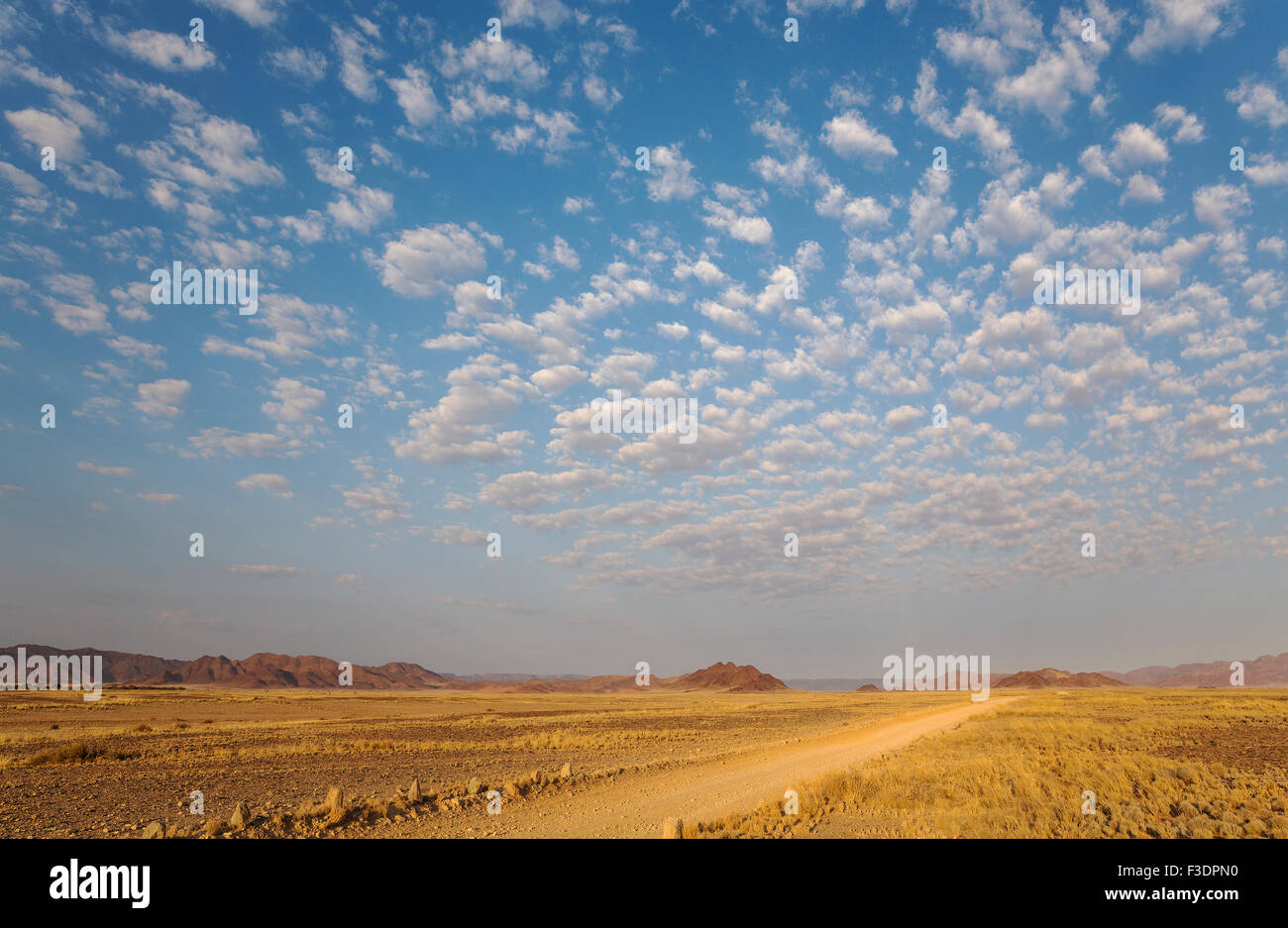 Gravel road on arid plain, isolated mountain ridges, fluffy clouds at ...