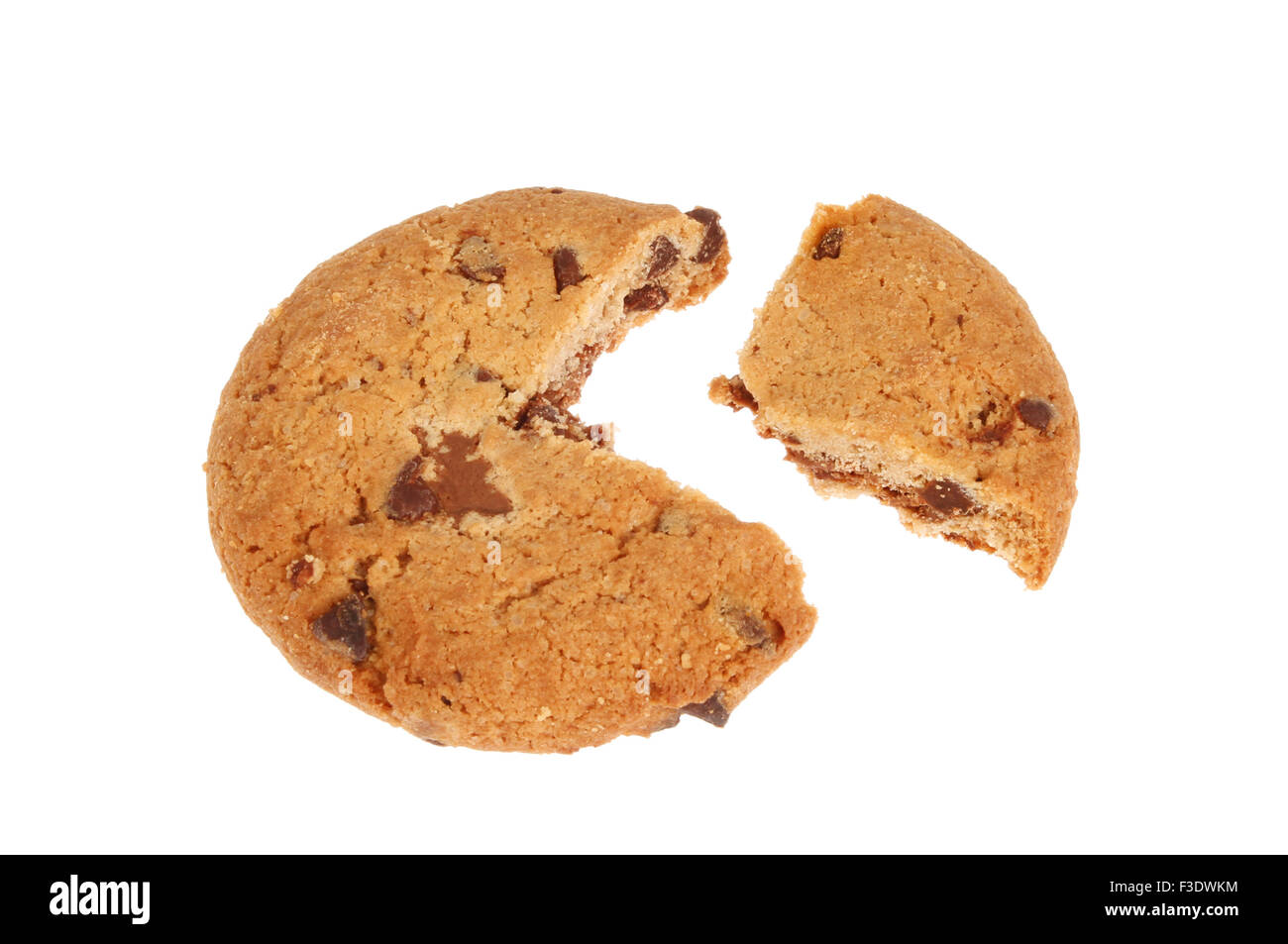 Chocolate chip cookie with a section cut out isolated against white ...