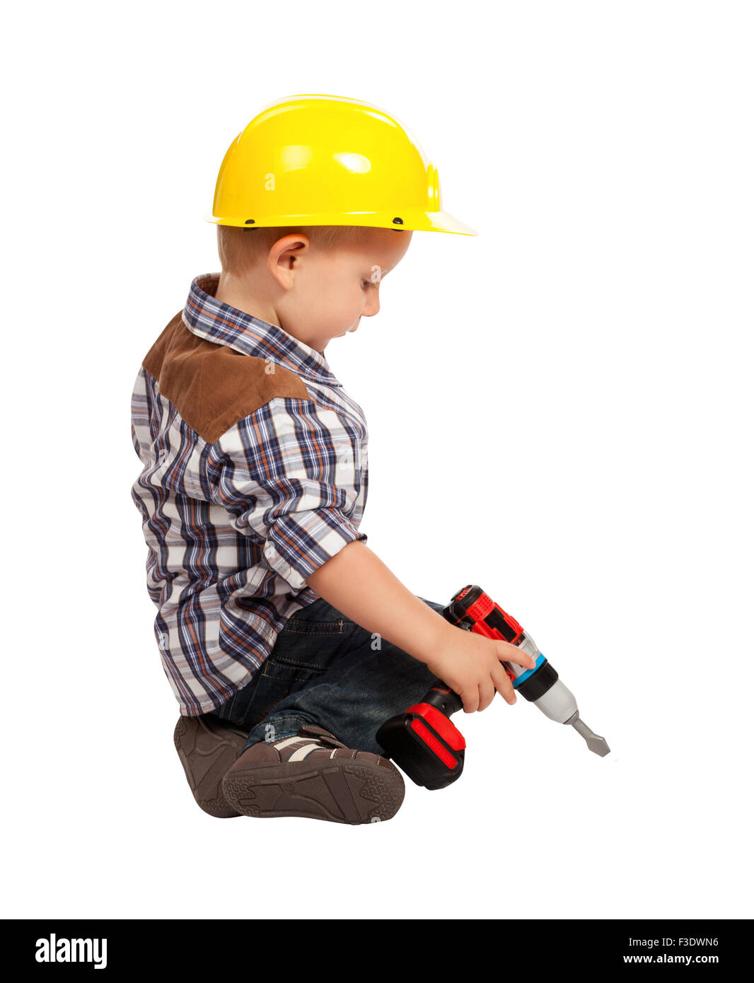 cute child act like handyman isolated on white Stock Photo - Alamy