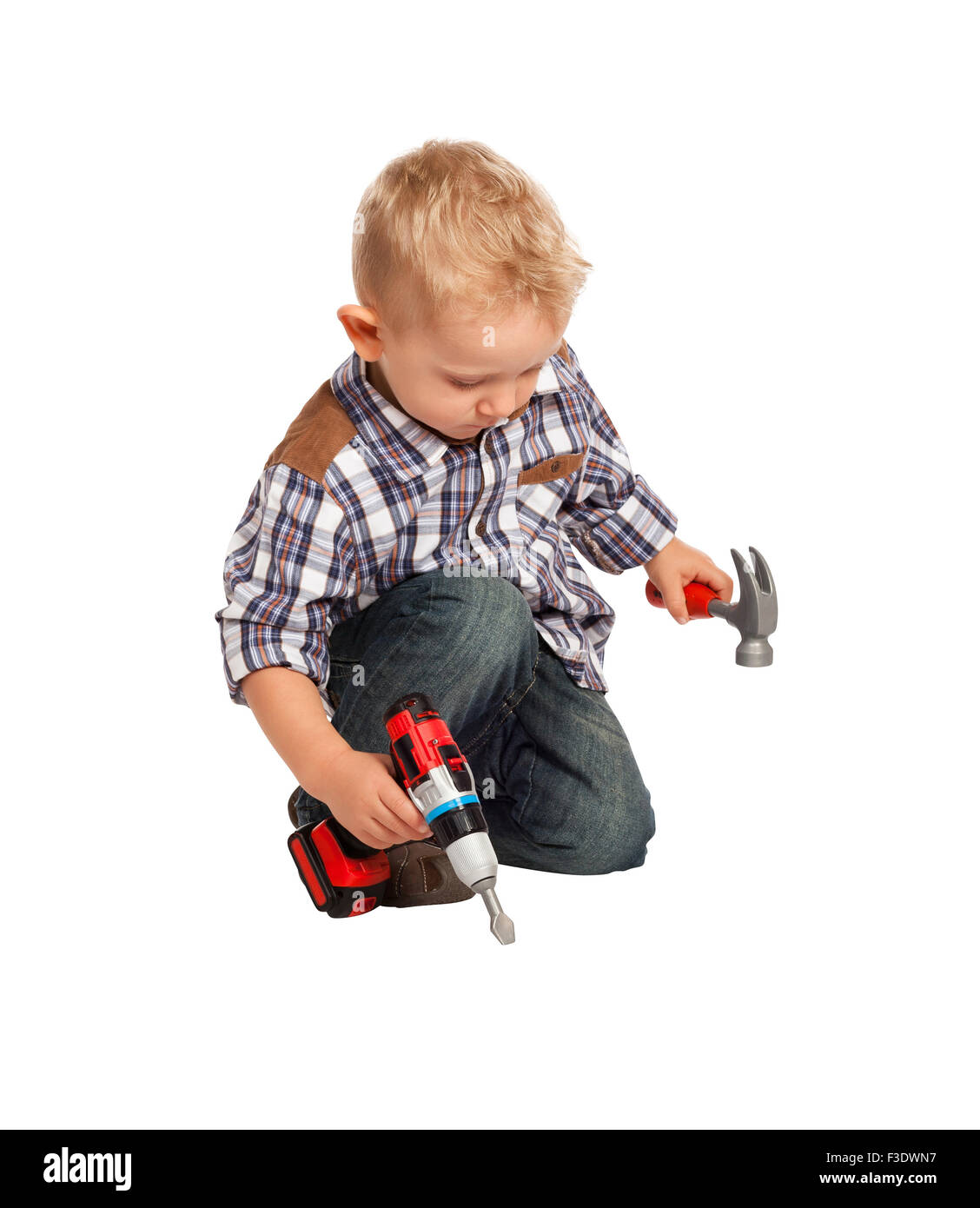 cute child act like handyman isolated on white Stock Photo - Alamy