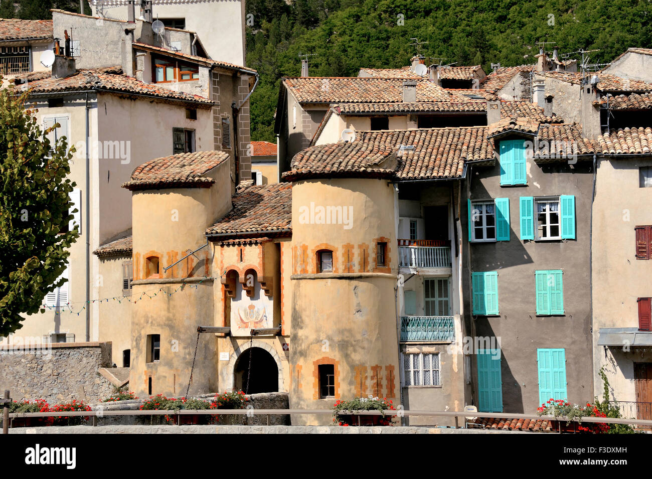 town gate of Entrevaux at the bridge over the river Var, French Alps ...