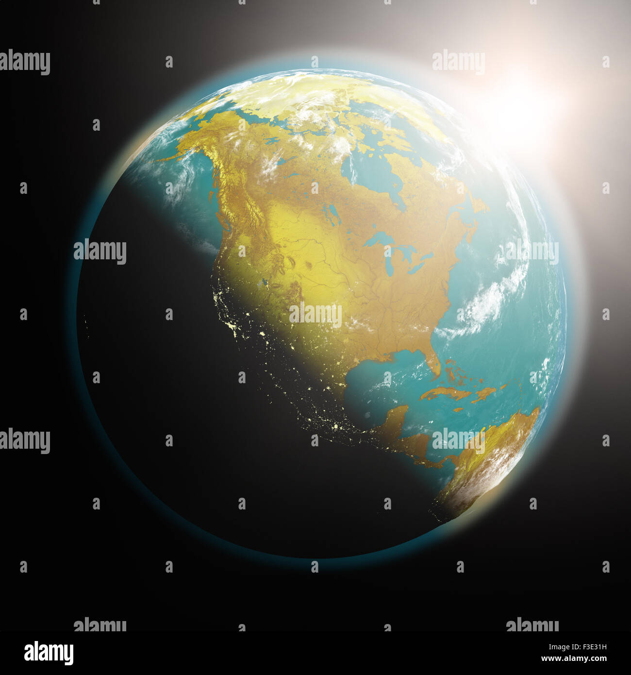 Space view of the sun rising over North America on planet Earth ...