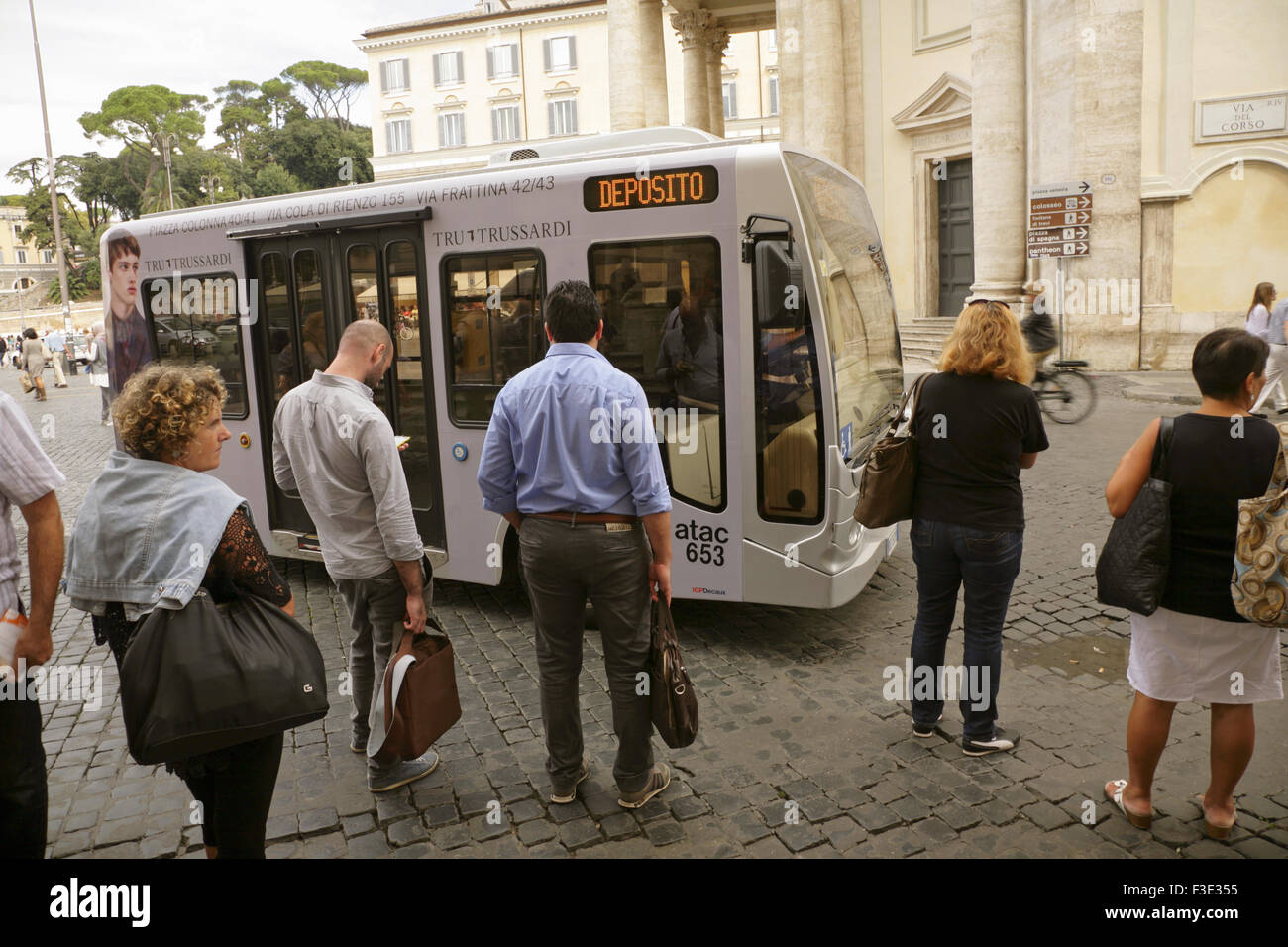 People about to board small electric bus, Piazza del Popolo, Rome ...
