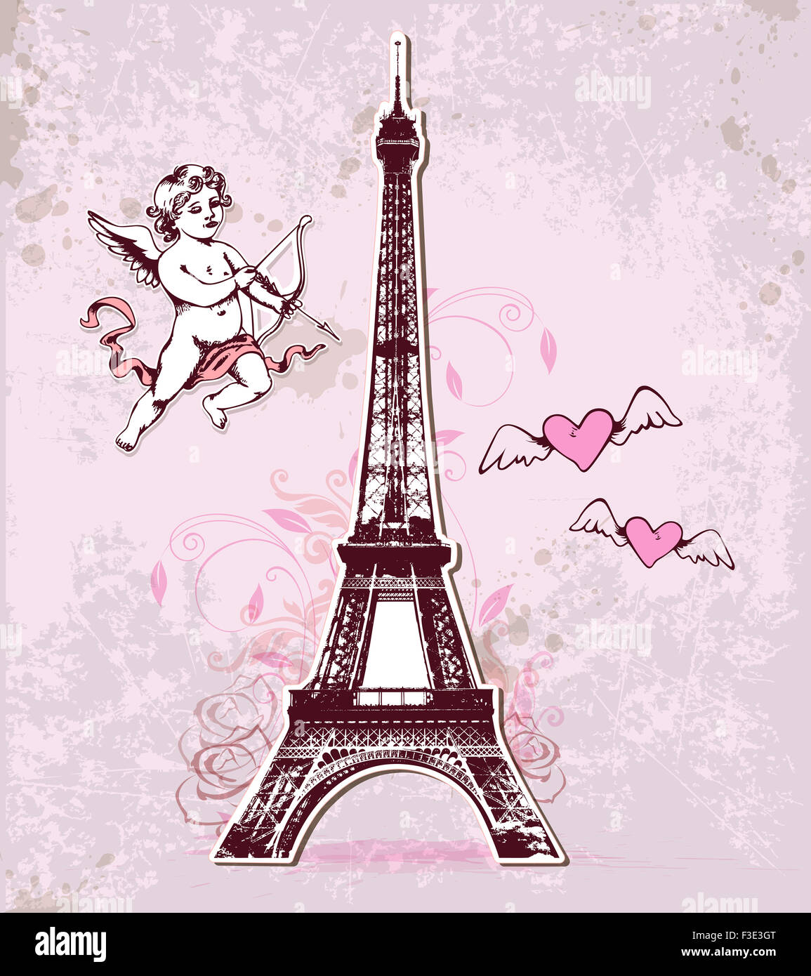 Vintage card with Eiffel Tower and cupid for Valentine's Day Stock ...