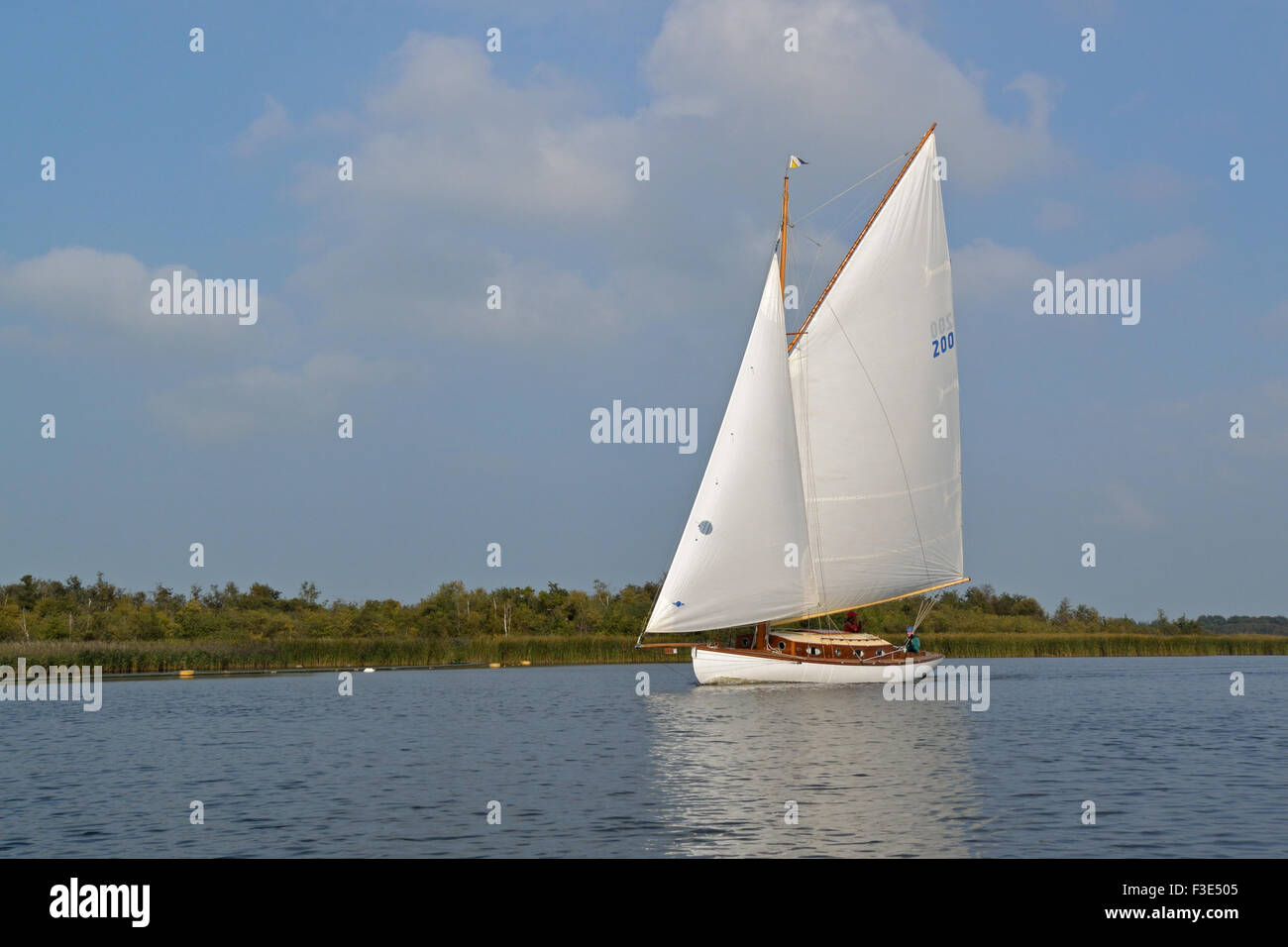 Traditional gaff-rigged Broads sailing yacht on Barton Broad, Norfolk ...