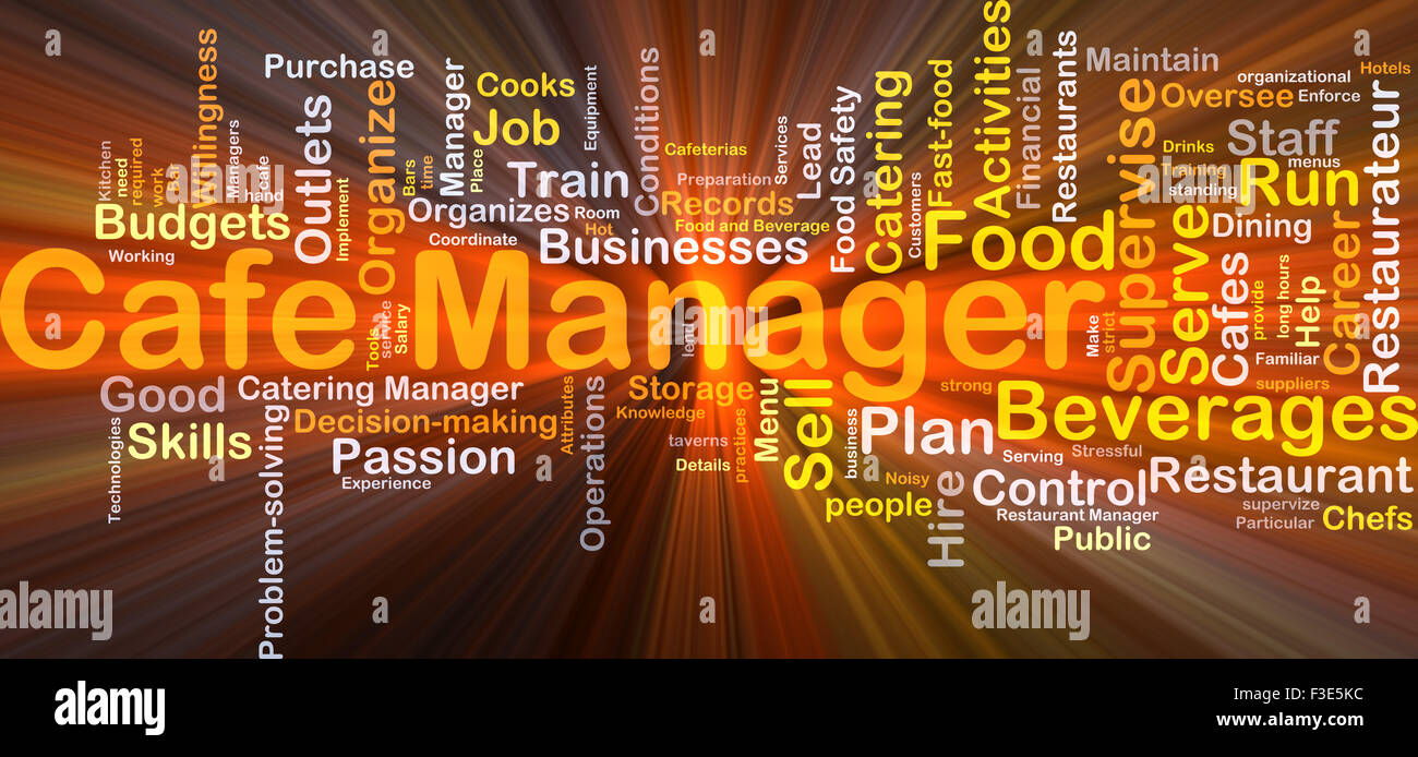 Background concept wordcloud illustration of café manager glowing light ...
