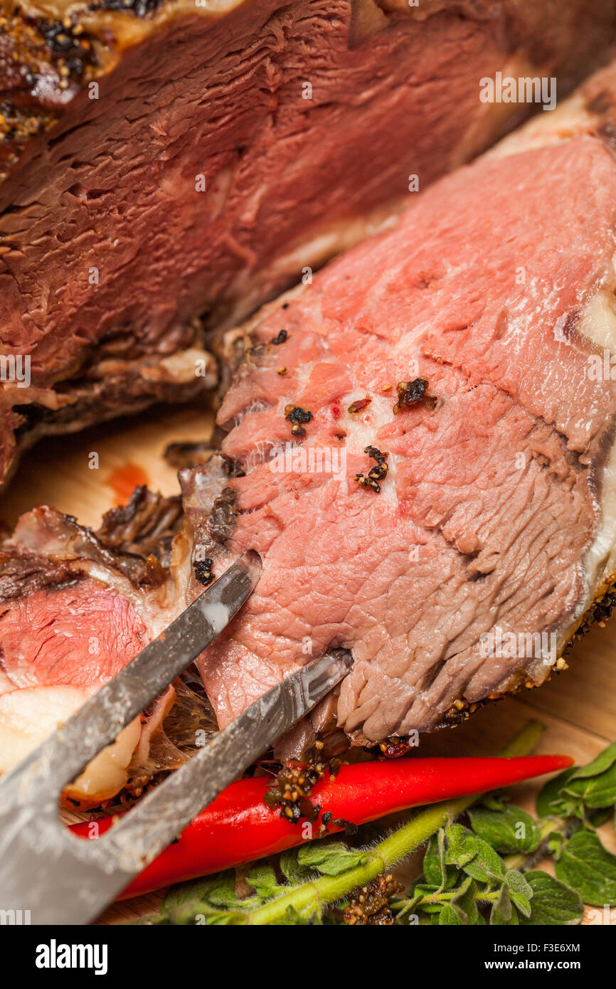 Medium Rare Cooked Beef Roast with Vegetables and Spices Stock Photo ...