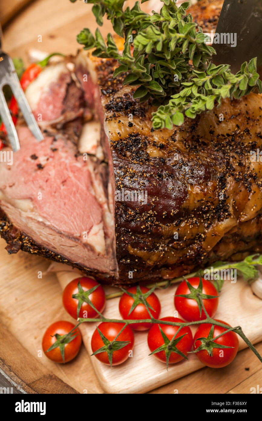 Medium Rare Cooked Beef Roast with Vegetables and Spices Stock Photo ...