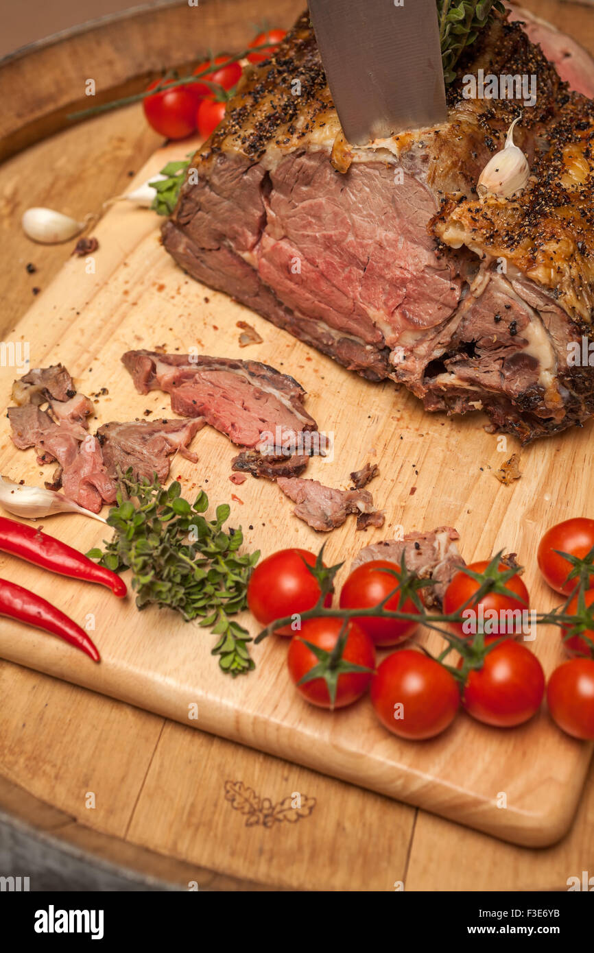 Medium Rare Cooked Beef Roast with Vegetables and Spices Stock Photo ...