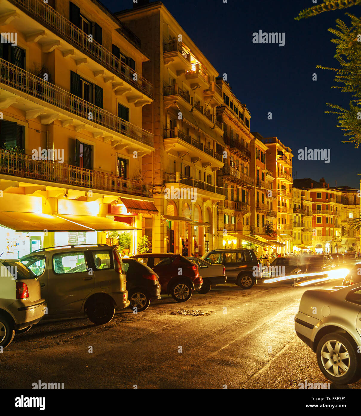 Typical buildings at night, Corfu city, Greece Stock Photo - Alamy