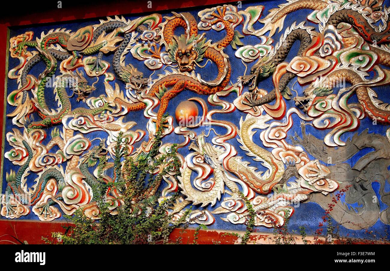 Huang Long Xi, China: Ceramic bas relief Screen of the Six Dragons ...