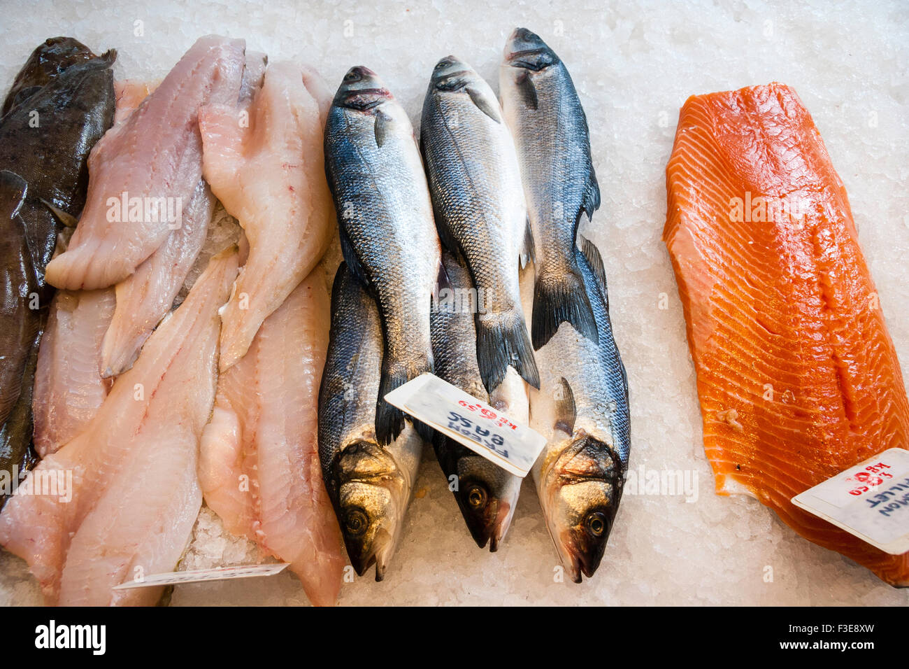England, Ramsgate. Fishmonger, wet-fish shop. Row of priced various ...