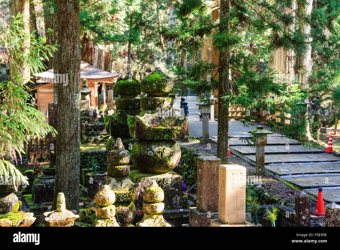 Japan, Koyasan, Okunoin. Paved pathway, seen through trees and the Naka ...