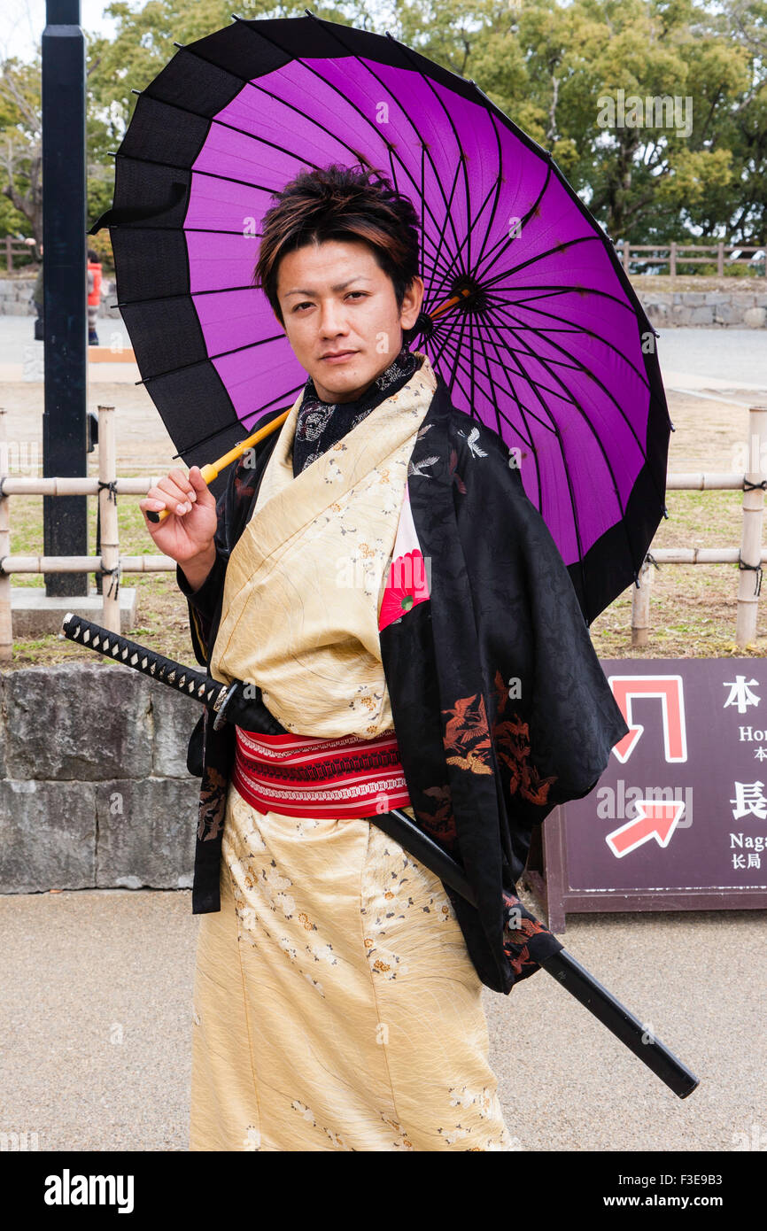 Kumamoto castle, Japan. Re-enactor dressed as a samurai wearing a ...