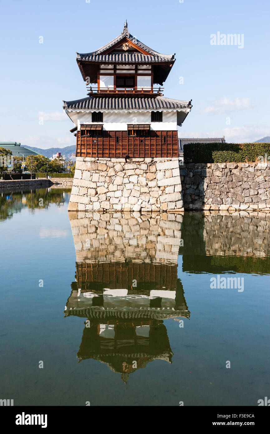 Hiroshima castle. The two level Taiko yagura, drum turret with stone ...