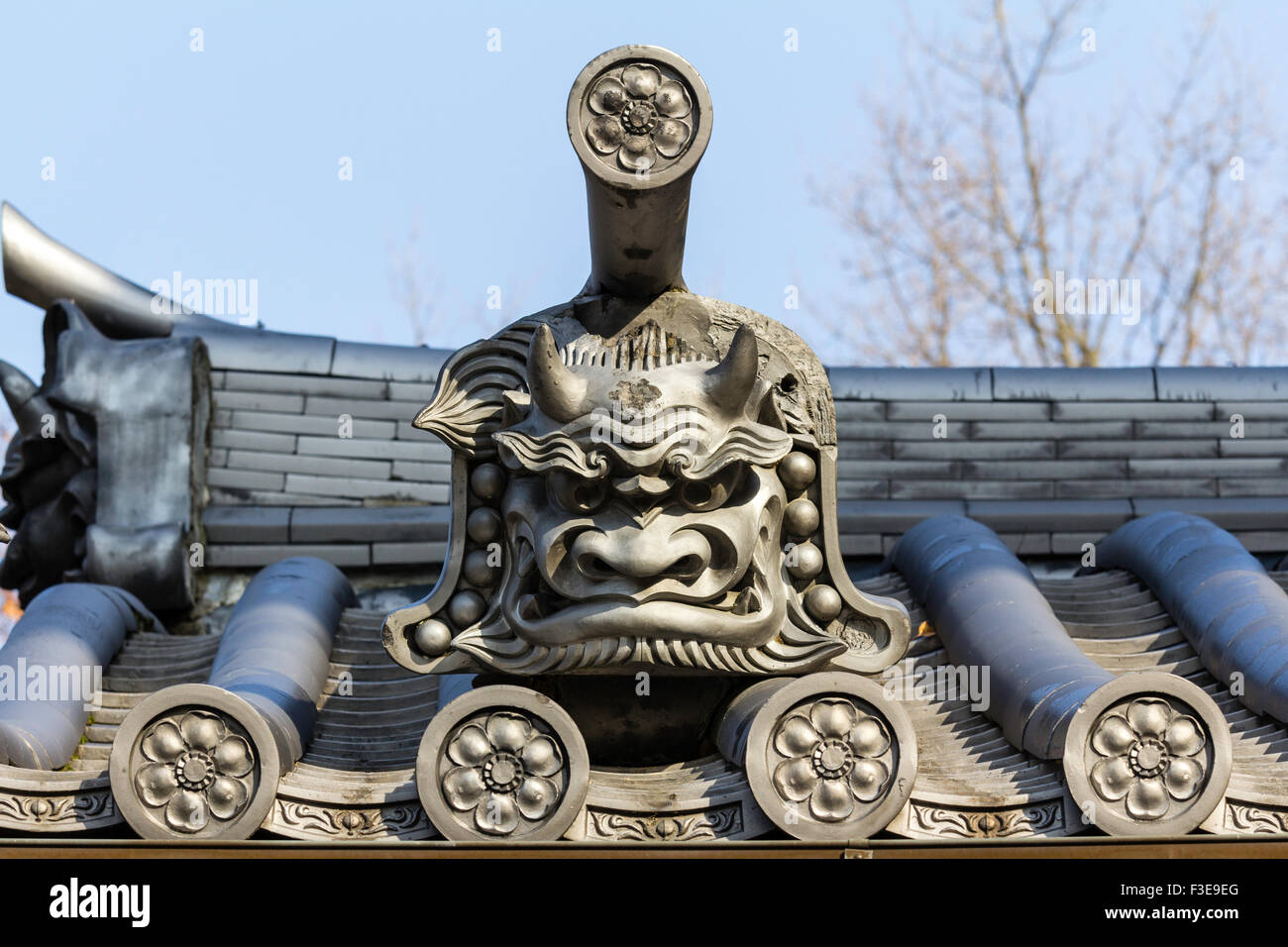 Japan, Yamato Koriyama, castle. Onigawara, end roof tile depicting a ...