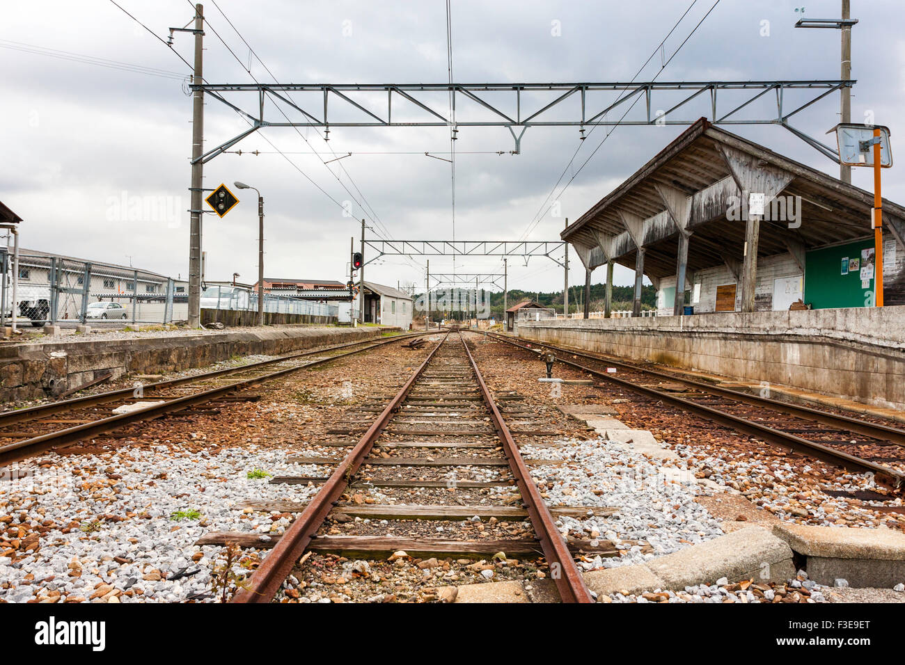 Weathered and empty rural railway station of the Ōmi Tetsudō Japanese ...