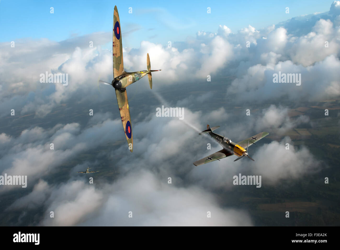 Spitfire of No 603 City of Edinburgh Squadron RAF shoots down a Messerschmitt Bf 109 from the ...