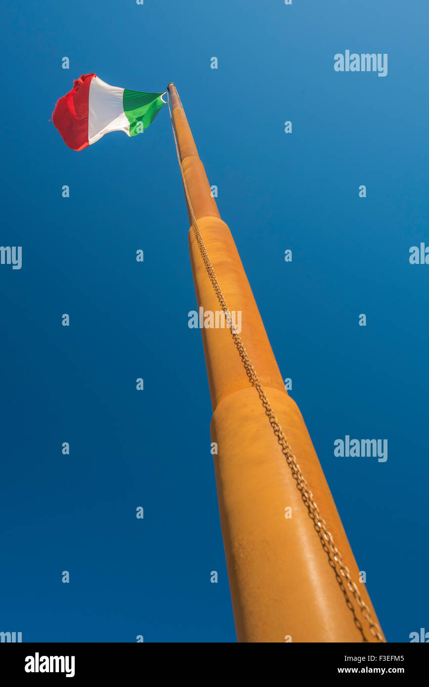 Italy flag blue sky, flag-pole at the Castello di San Giusto, high ...