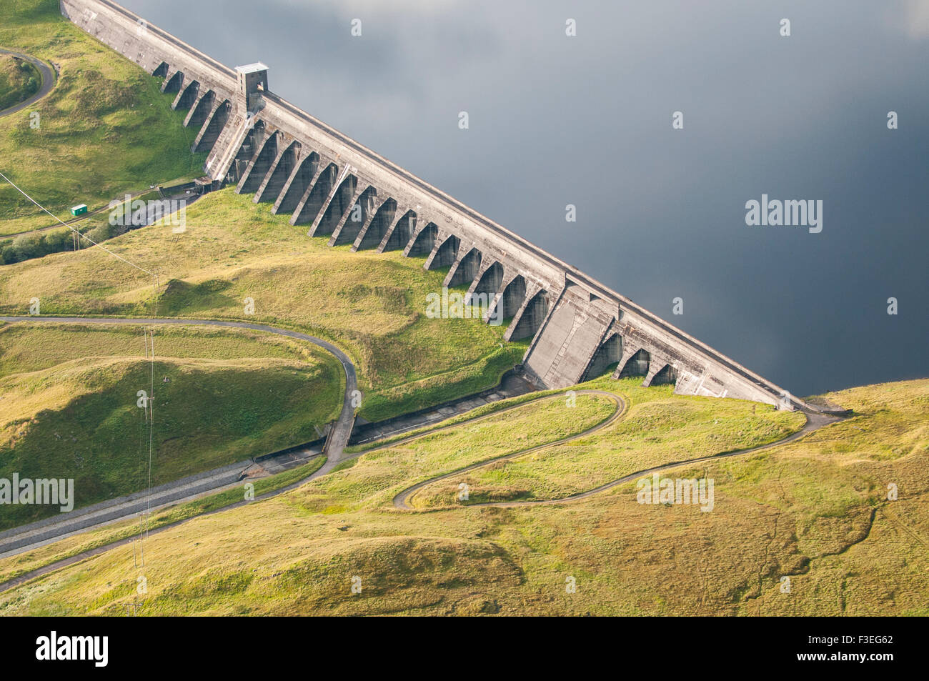 Aerial view of Glen Shira dam at the Lochan Shira reservoir in Argyll ...