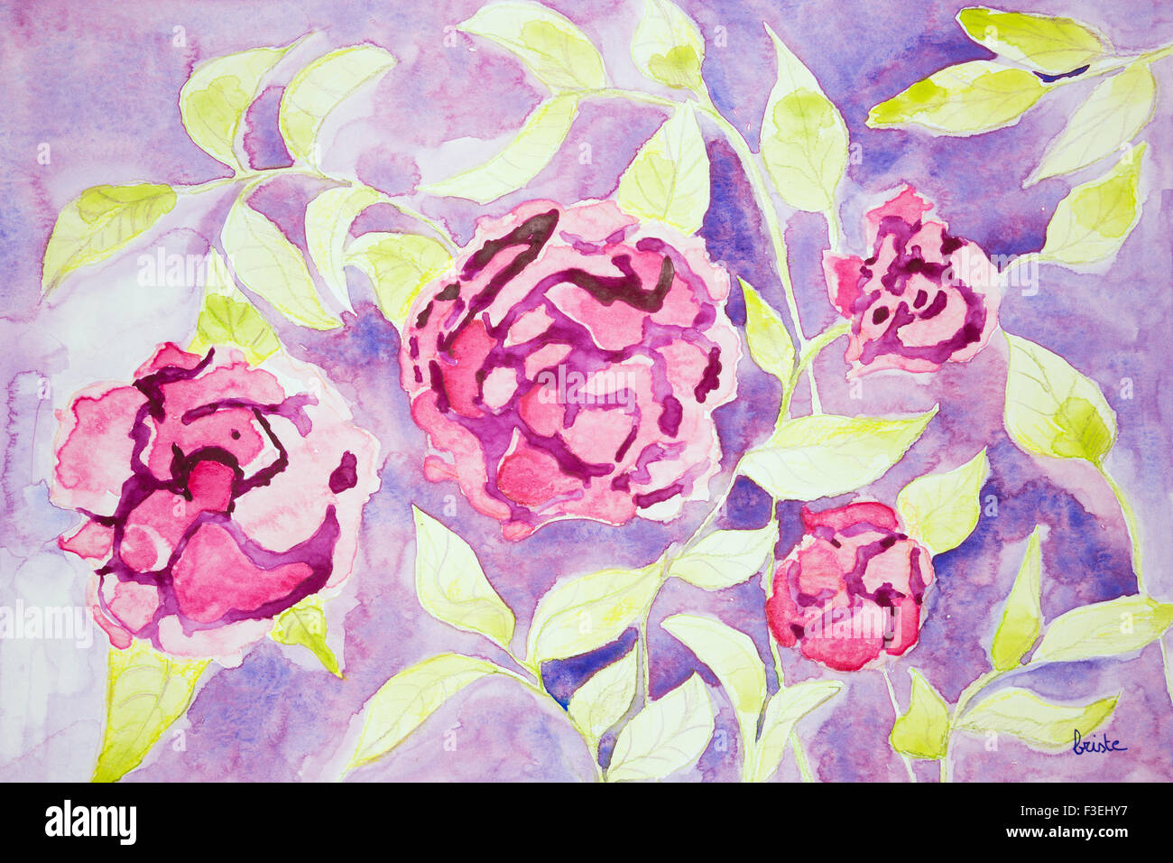 Rose fantasy flowers on a lilac background. The dabbing technique gives ...