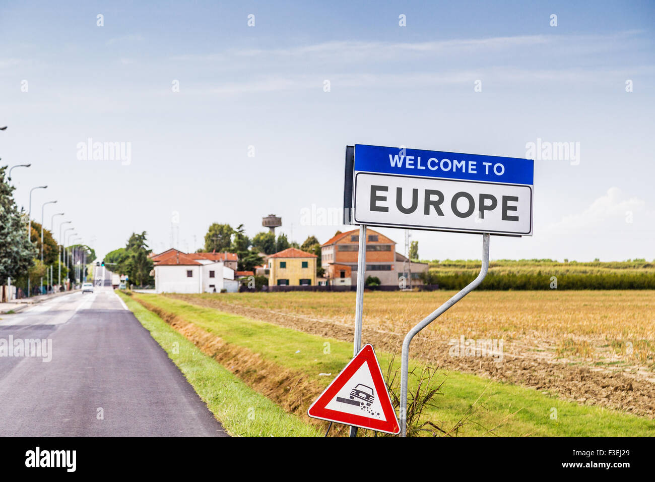 a fake sign with welcome to europe with warning road sign about ...