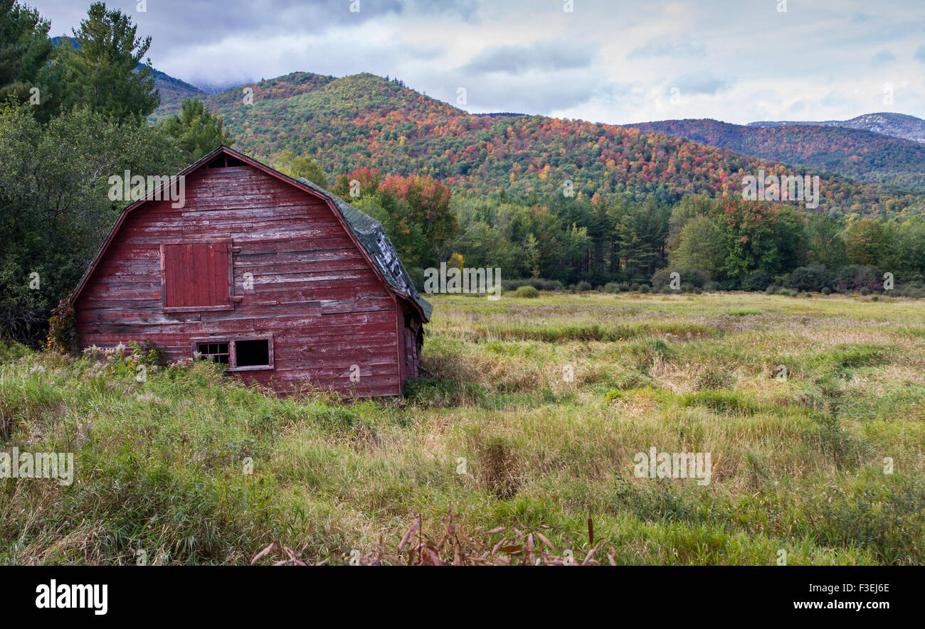 Old run down barn with fall color in the Adirondacks in the background ...